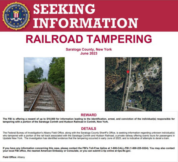 FBI offers $10,000 reward for information on attempt to derail train on ...